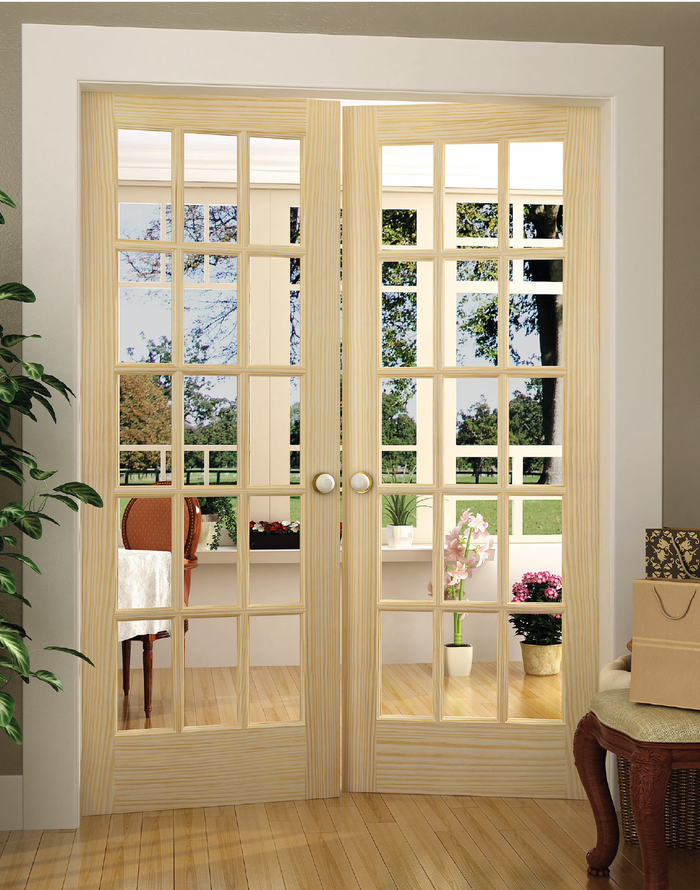 French 15-Lite Clear Glass Pine Wood Interior Door Slab - Clear Pine